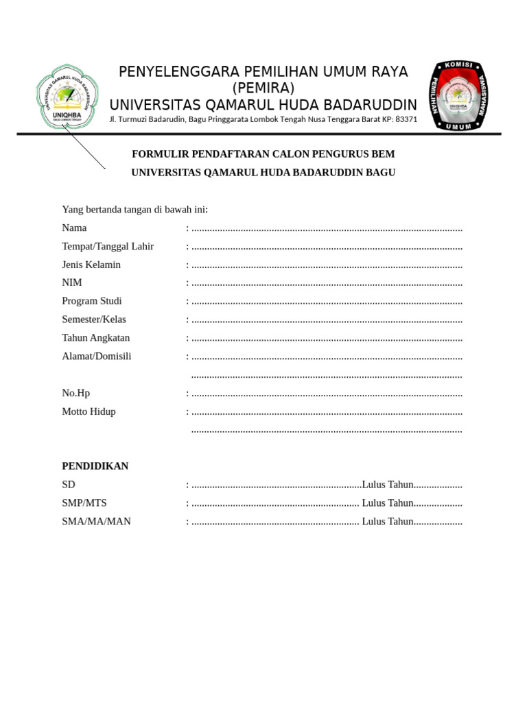 Formulir Pendaftaran Calon BEM UNIQHBA | PDF
