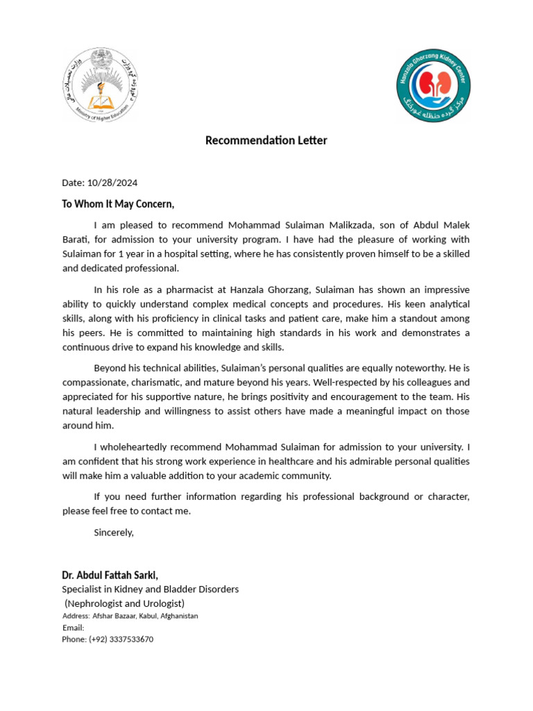 Recommendation for Mohammad Sulaiman Malikzada | PDF