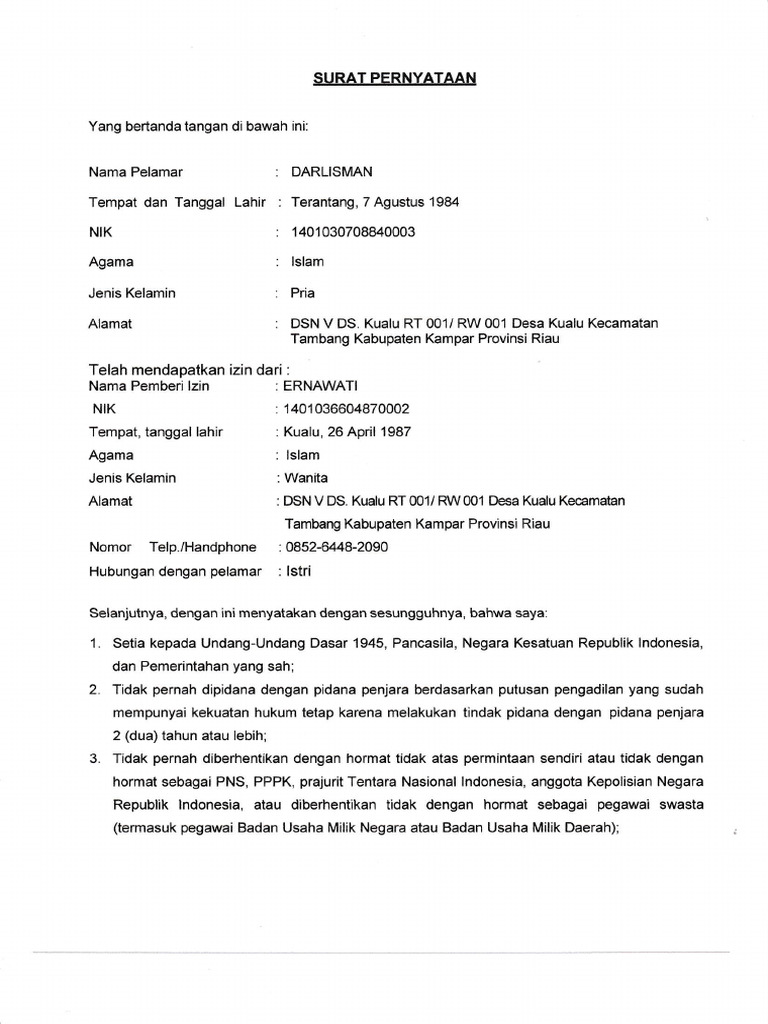 Surat Pernyataan Darlisman Oke - 20241103 - 0001 | PDF