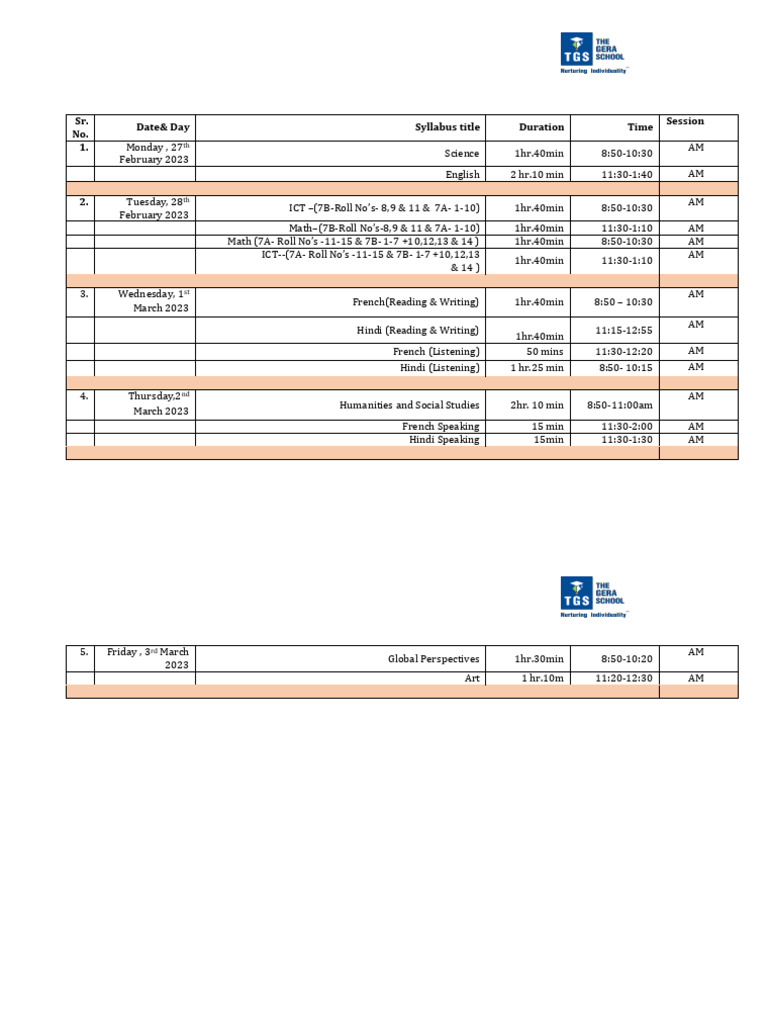 The Gera School Term 3 Examination Timetable December-March, 2023-Grade ...