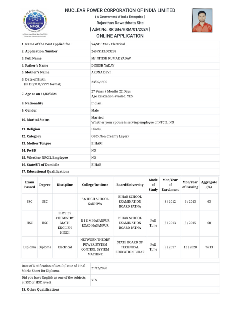 NPCIL Recruitment Portal - Print Application Form | PDF