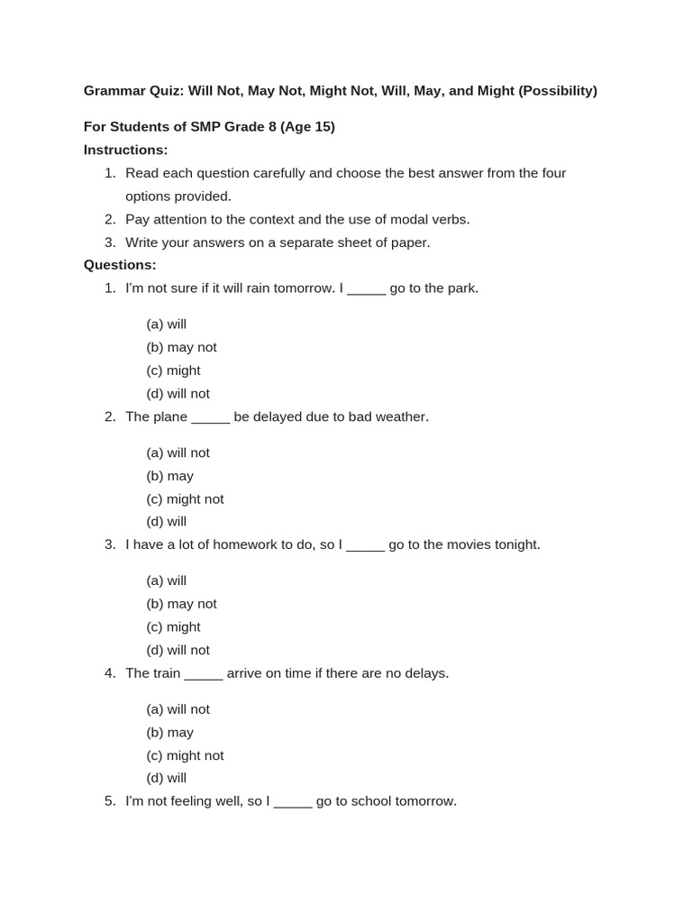 Modal Verbs: Will, May, Might Quiz | PDF | Climate Change | Sustainability