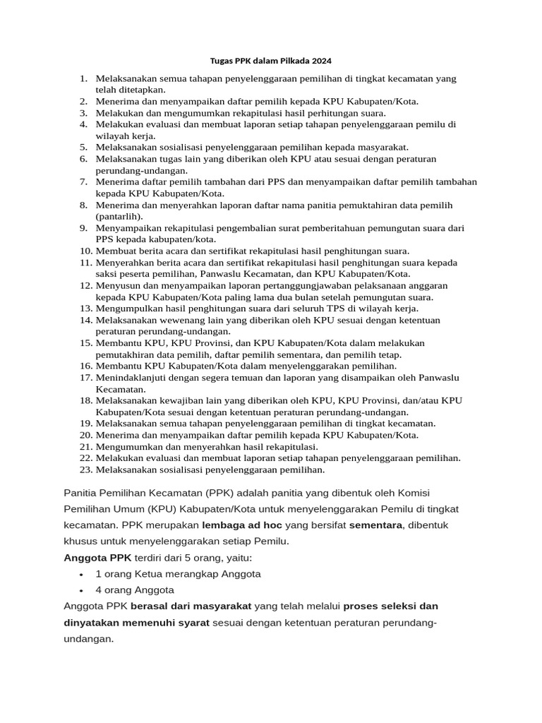 Tugas PPK Dalam Pilkada 2024 | PDF