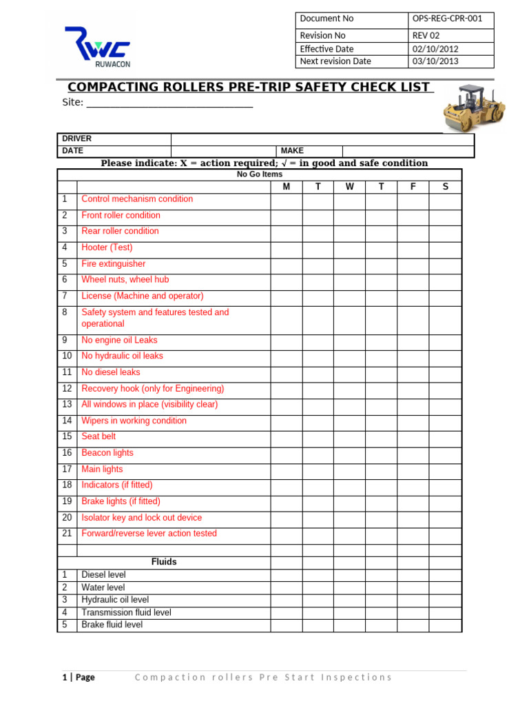 Compactor Roller Daily Checklist | PDF | Leak | Car