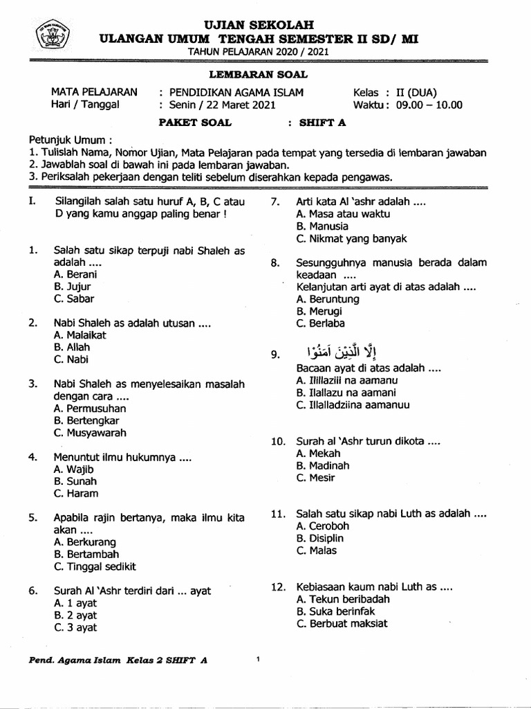 2020-2021 Mid 2 Kelas 2 Pai | PDF
