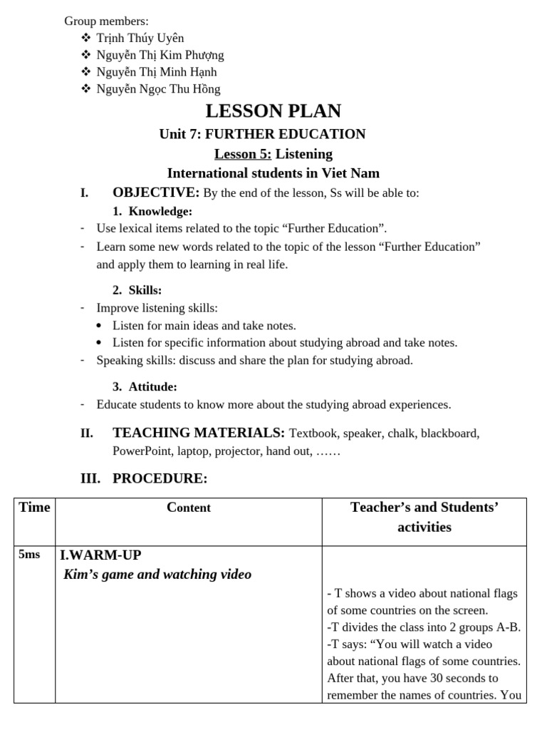 LESSON PLAN - Group 2 - E11 Unit 7 - Listening - Finally Form | PDF | Vietnamese People