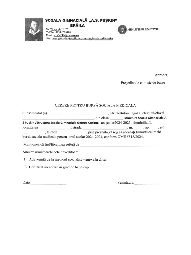 Cerere Bursa Sociala | PDF
