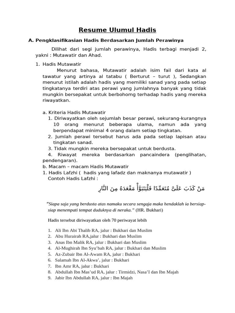 Resume Pengklasifikasian Hadis | PDF | Agama & Spiritualitas