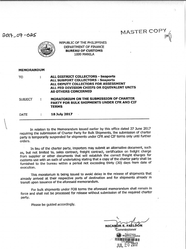 Memo 2017-07-025 Moratorium On The Submission of Charter Party For Bulk Shipments Under CFR and ...