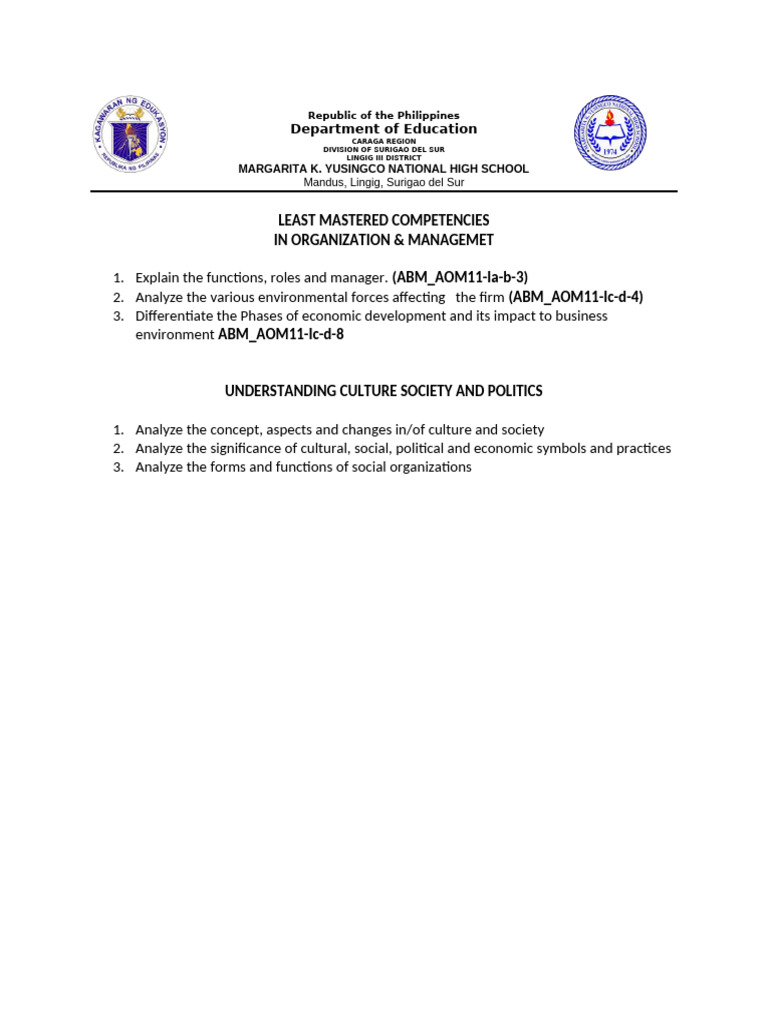 Least Mastered Competencies | PDF