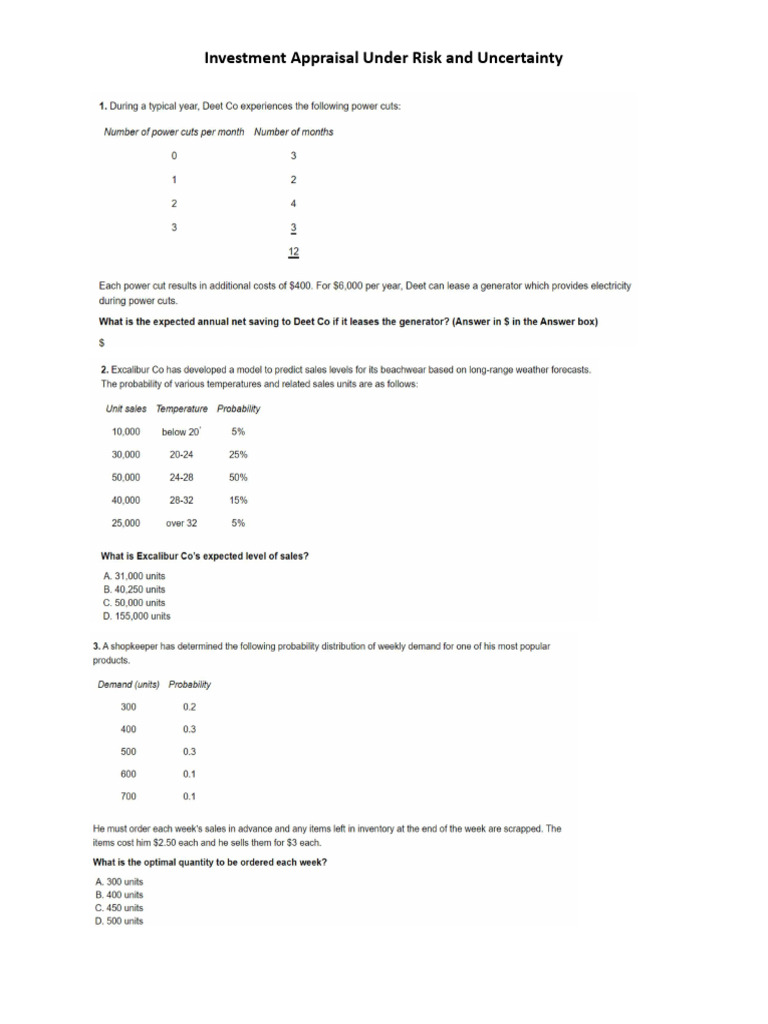 Investment Appraisal Under Risk and Uncertainty Questions | PDF