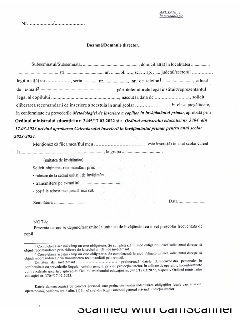 Cerere Eliberare Recomandare Înscriere Clasa Pregatitoare | PDF