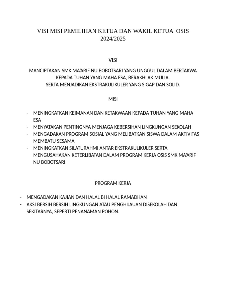 Visi Misi Pemilihan Ketua Dan Wakil Ketua Osis 2024 | PDF