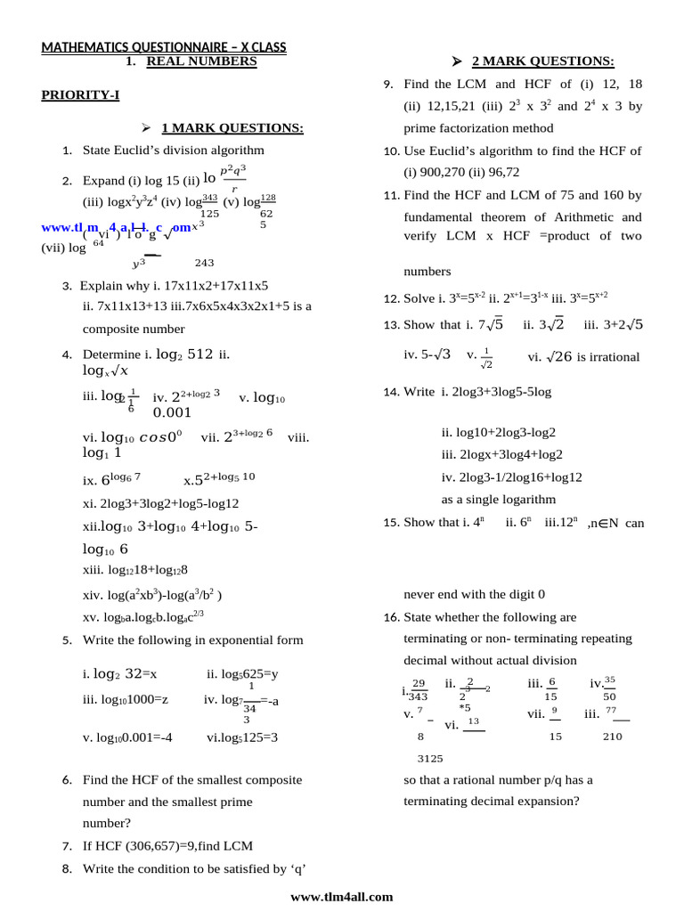 tlm4all10TH MAT CHAPTER WISE IMP QUESTIONS | PDF | Numbers | Rational ...