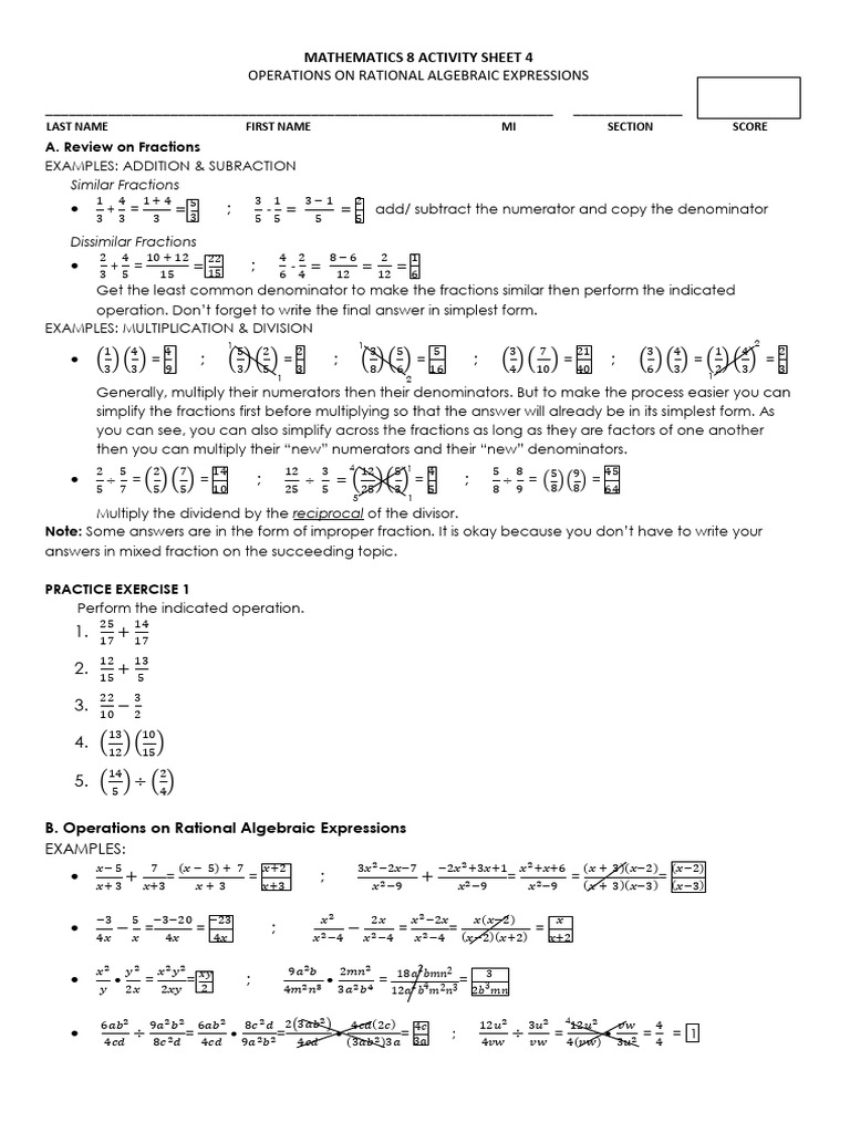 Operations on Rational Algebraic Expressions | PDF | Mathematics ...