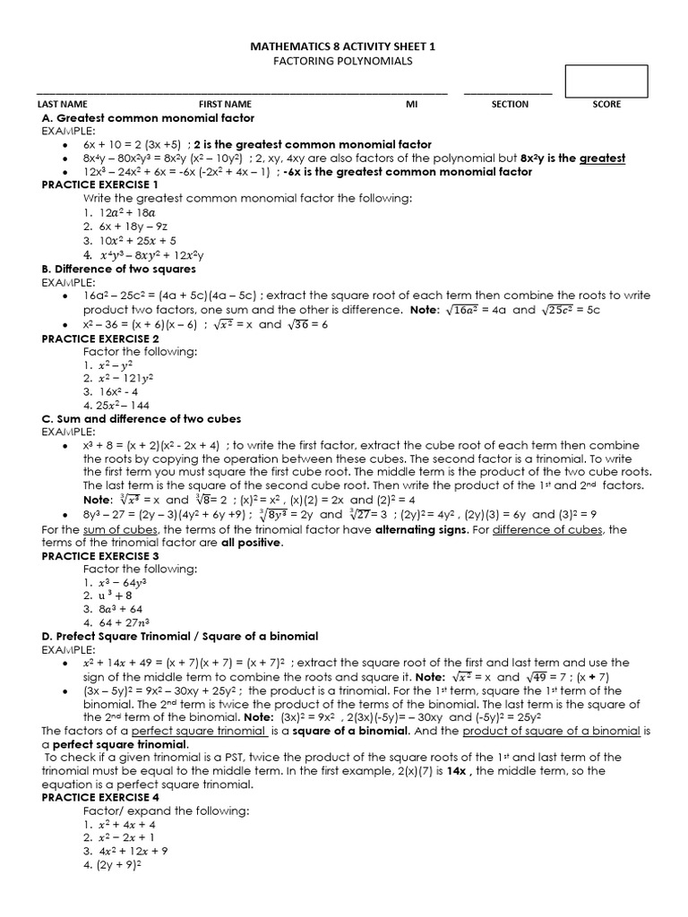 Activity Sheet 1 Factoring Polynomials Pdf Factorization Zero