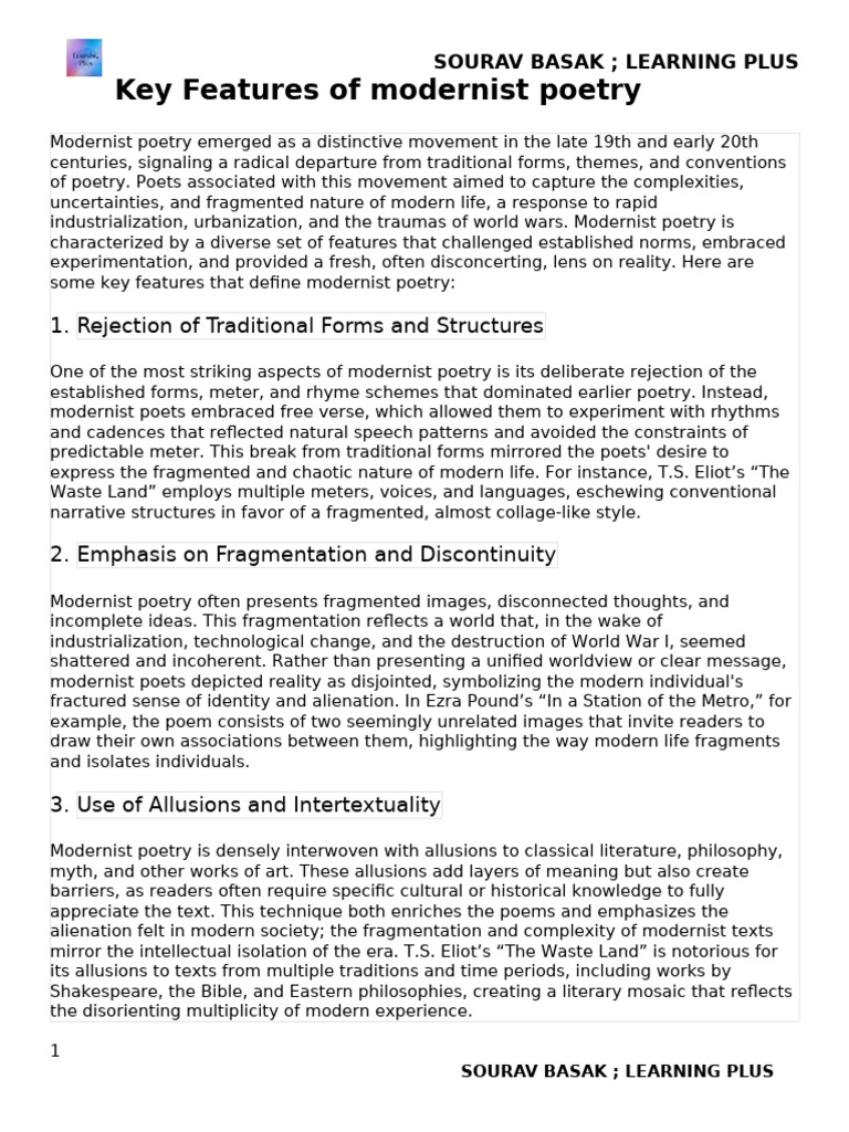 Key Features of Modernist Poetry | PDF | Poetry | Modernism