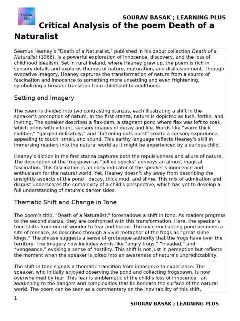 Critical Analysis of The Poem Death of A Naturalist | PDF