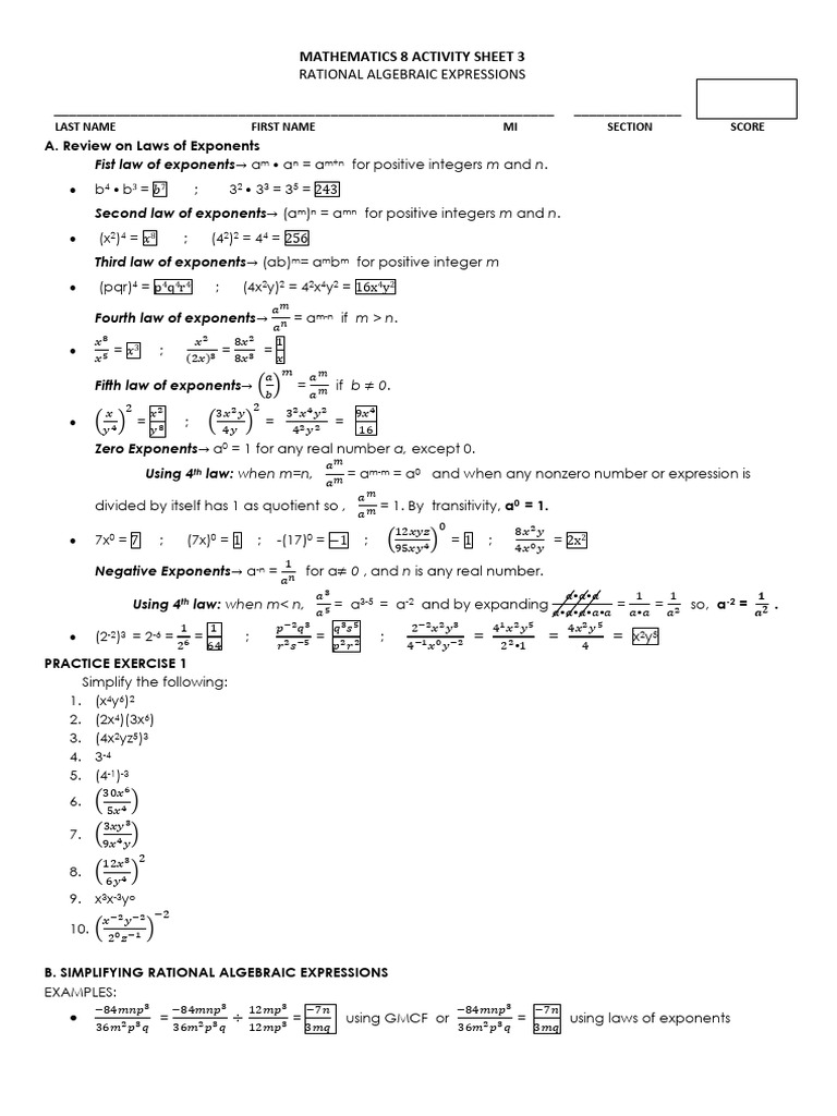 Activity Sheet 3 (Rational Algebraic Expressions) | PDF | Numbers | Integer