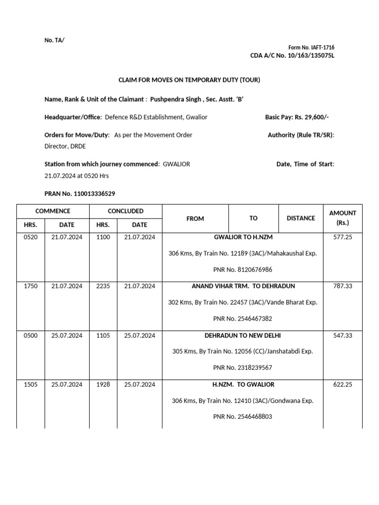 Ta Da Final Claim - Itm Mussoorie | PDF | Transport