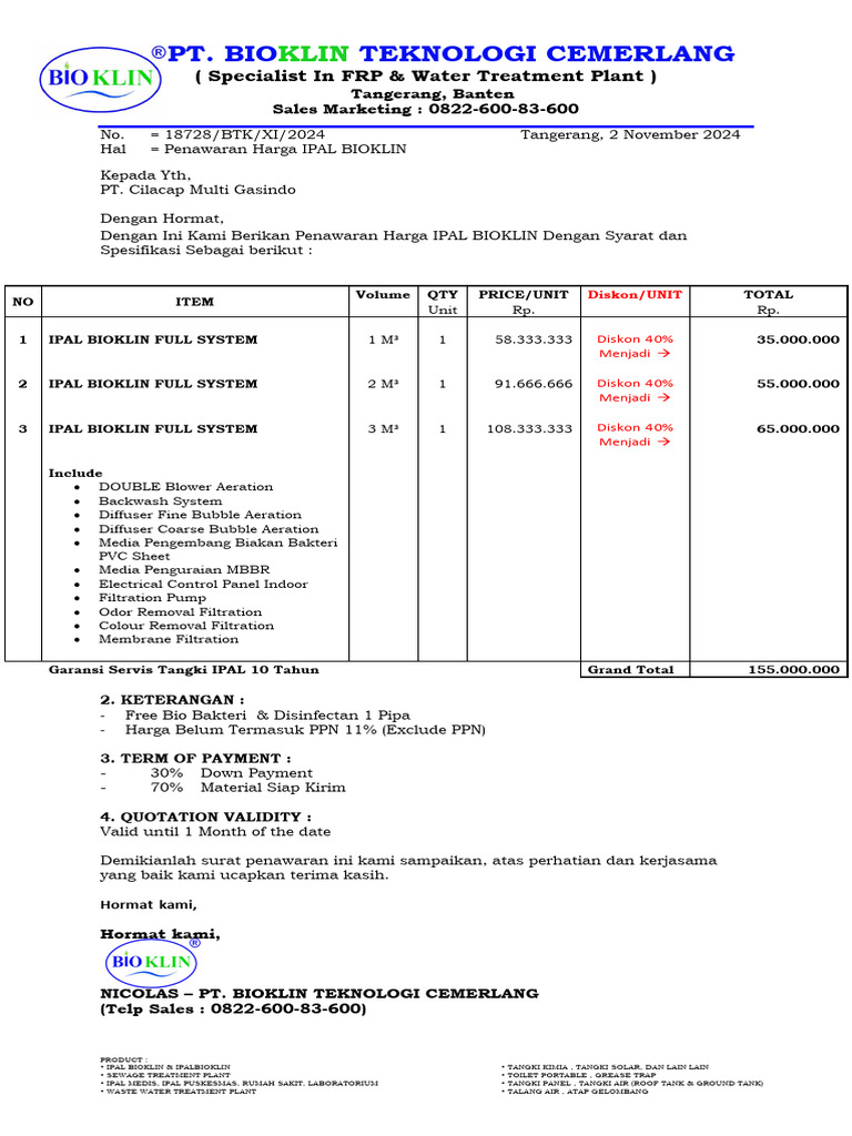 Penawaran No.18728 (IPAL BIOKLIN FULL SYSTEM - 1 M3 1 Unit - 2 M3 1 Unit - 3 M3 1 Unit ...