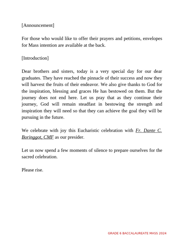 Grade 6 Baccalaureate Mass 2024 | PDF | Lord's Prayer | Eucharist