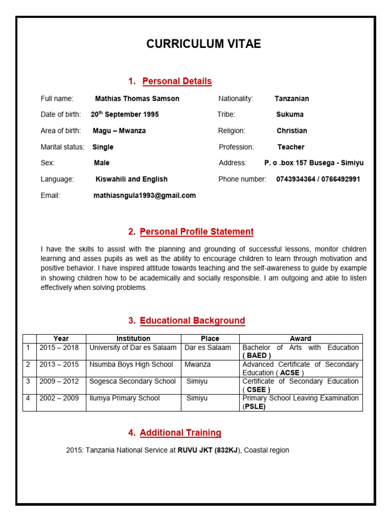 CV of Mr Mathias | PDF | Tanzania | Teachers