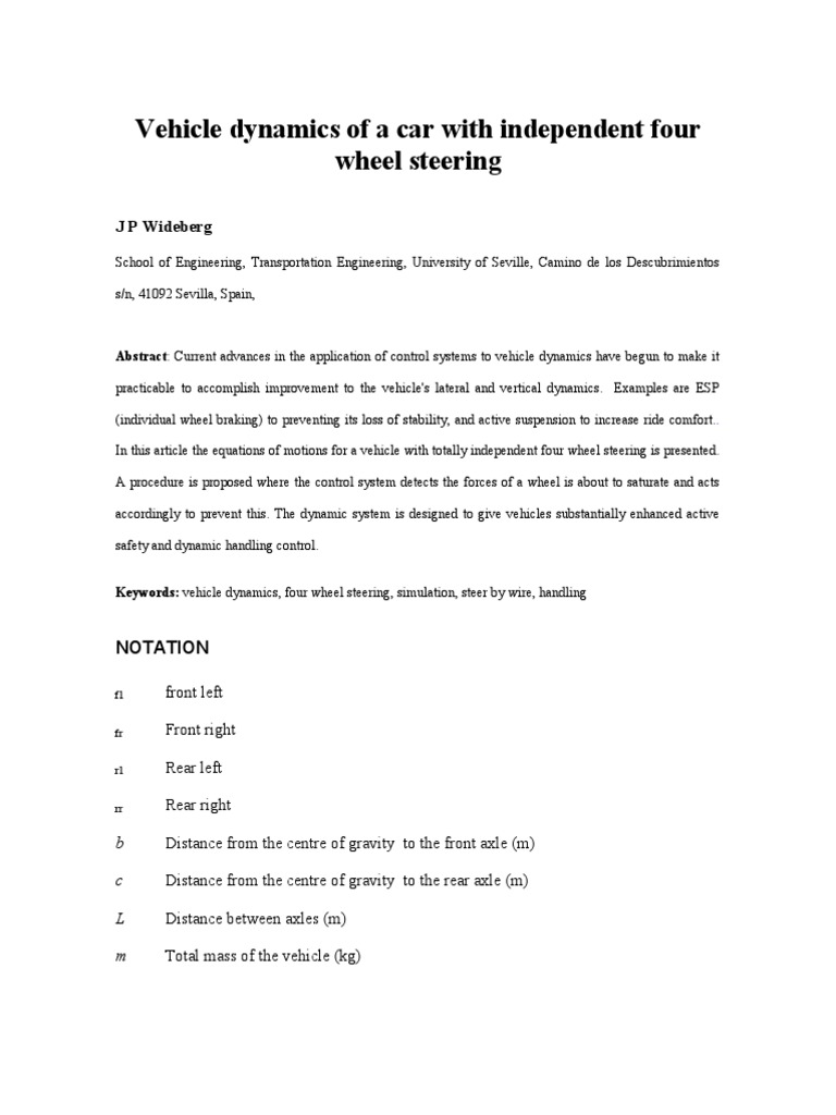 Vehicle Dynamics With Independent 4WS | PDF | Steering | Suspension ...