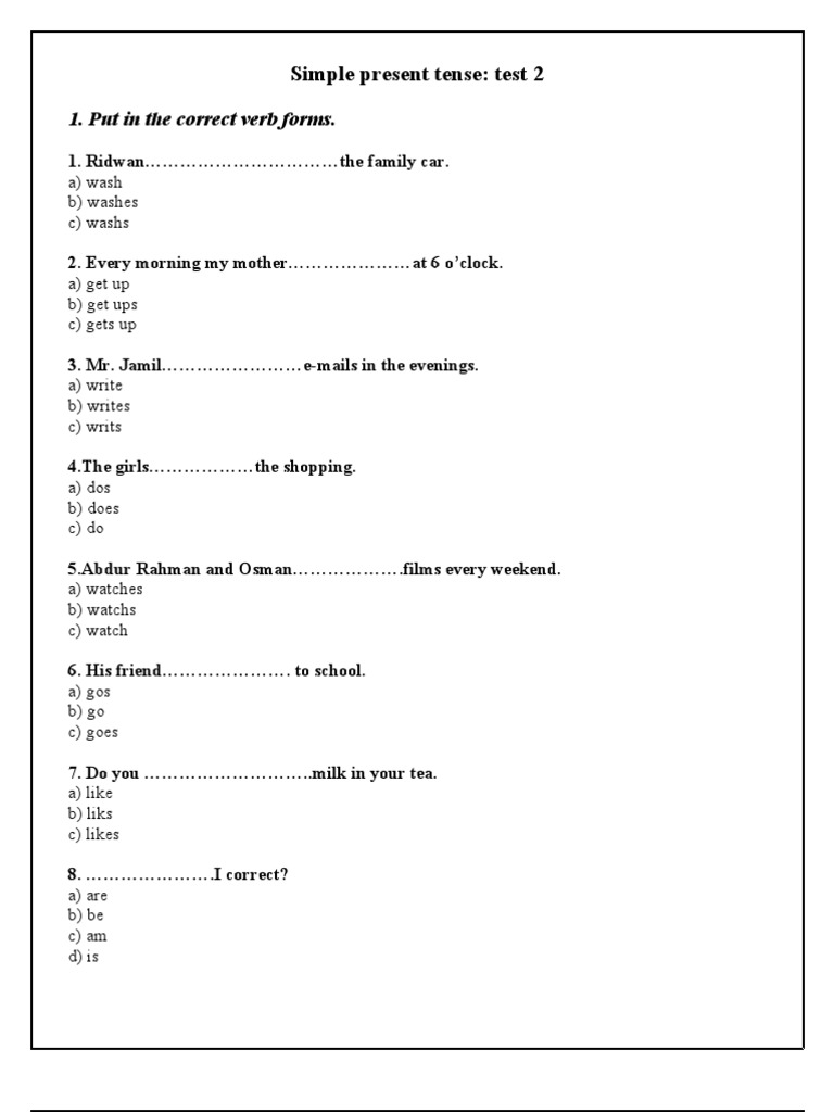 Simple Present Tense Test 2 | PDF | Style (Fiction) | Linguistics