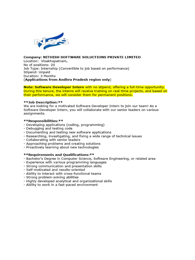 JD - Software Developer Intern - Nithish Software - Visakhapatnam AP | PDF | Career & Growth