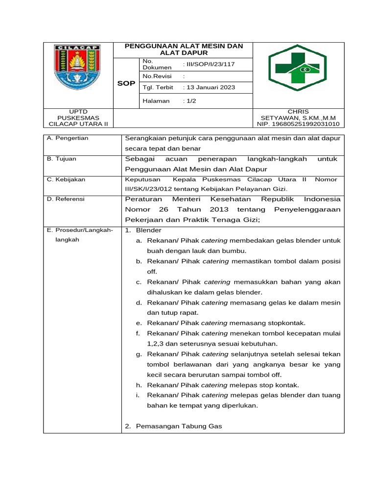 Sop Penggunaan Alat Mesin Dan Alat Dapur Fik | PDF