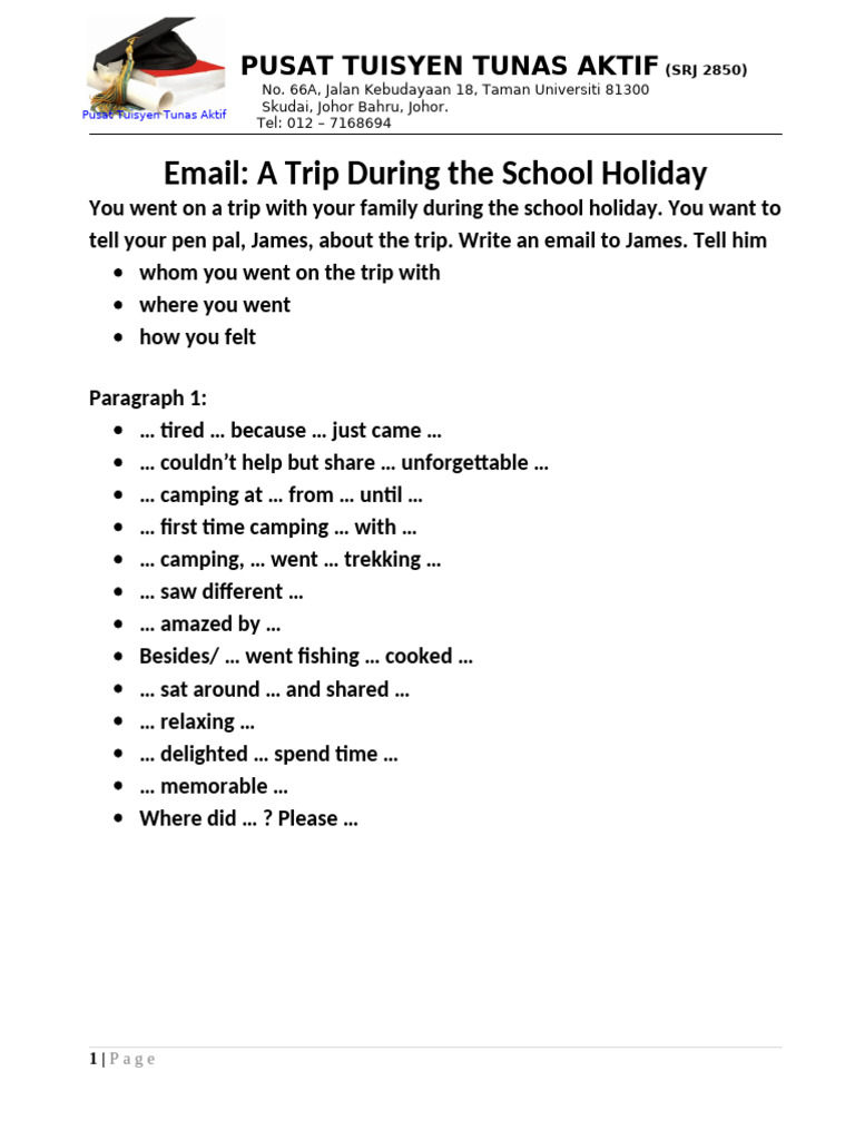 Essay 2 Email A Family Trip During The School Holiday Camping | PDF