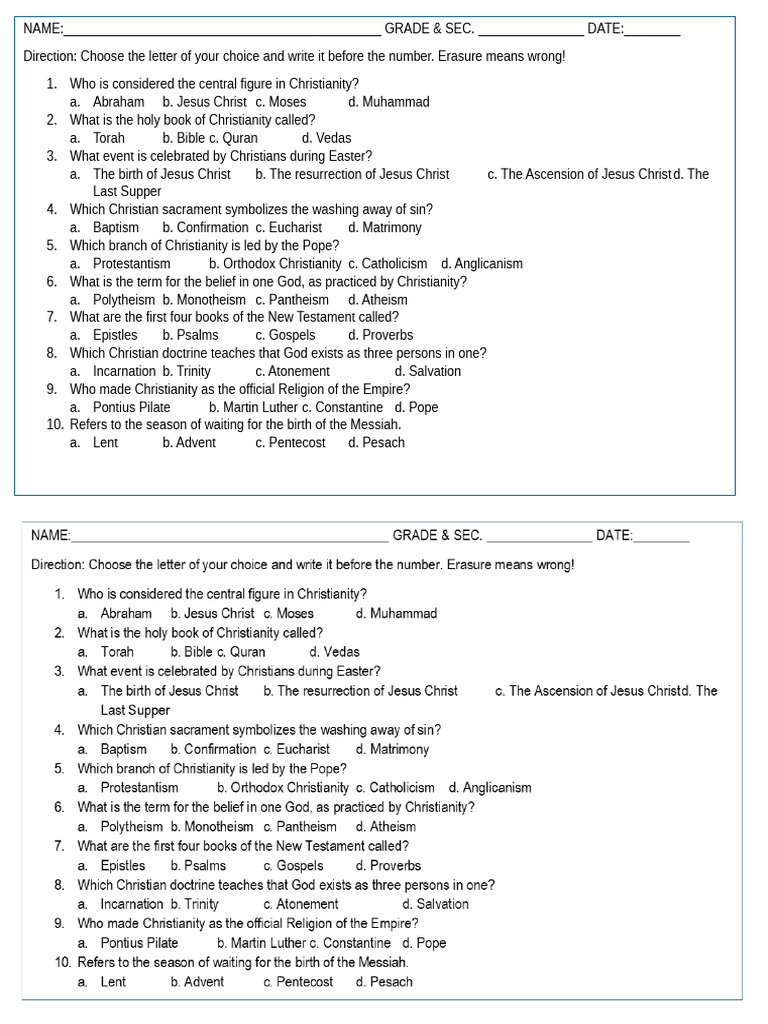 Religion Quiz Christian | PDF