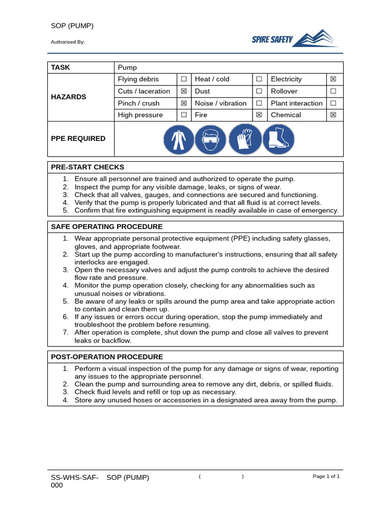 SS WHS SAF 000 Safe Operating Procedure Pump | PDF | Science ...