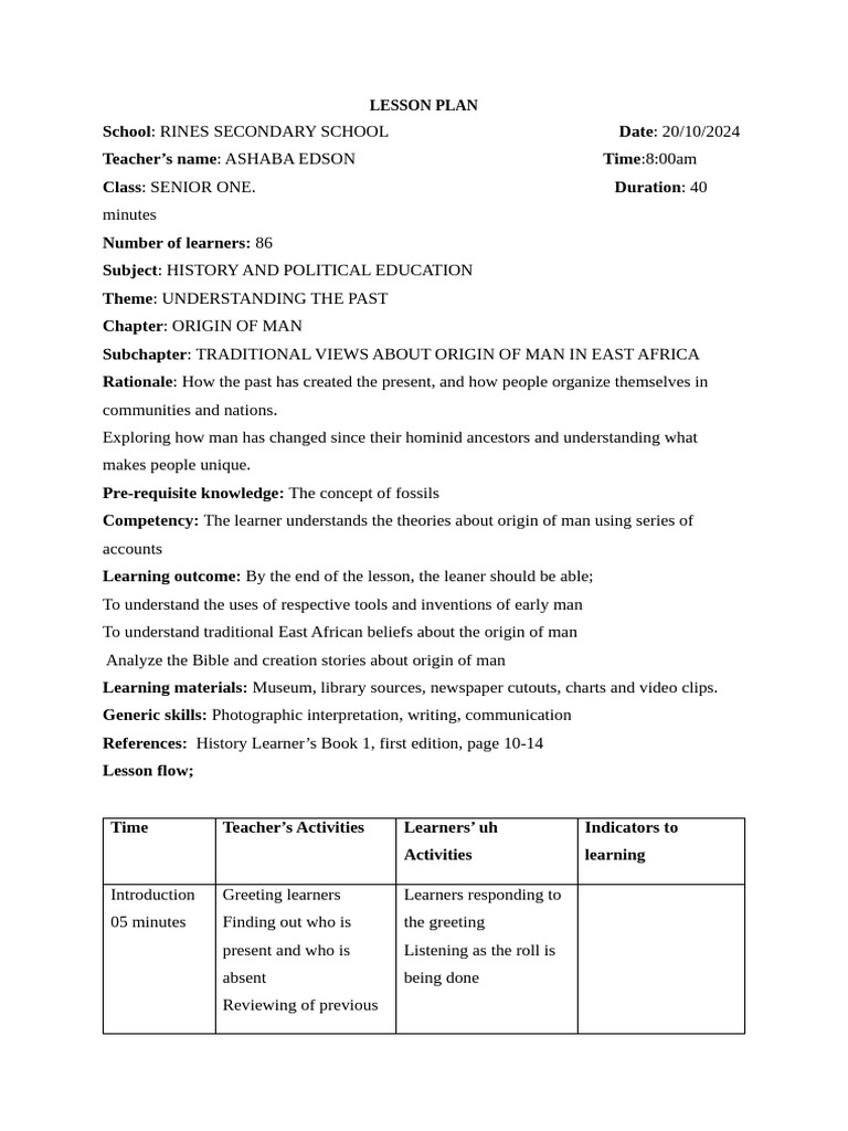 East Africa's Traditional Origin of Man | PDF | Learning | Lesson Plan