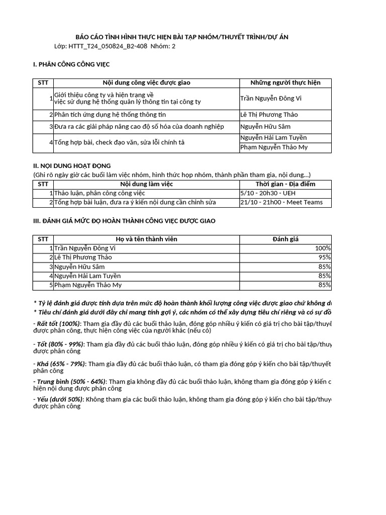 Bien Ban Danh Gia Tham Gia Lam Bai Tap Nhom - Thuyet Trinh - Du An | PDF