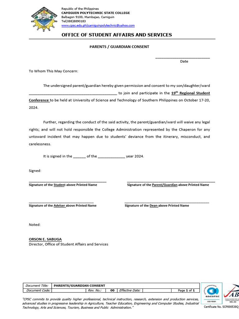 Parent/Guardian Consent Form for Conference | PDF | Risk | Indemnity