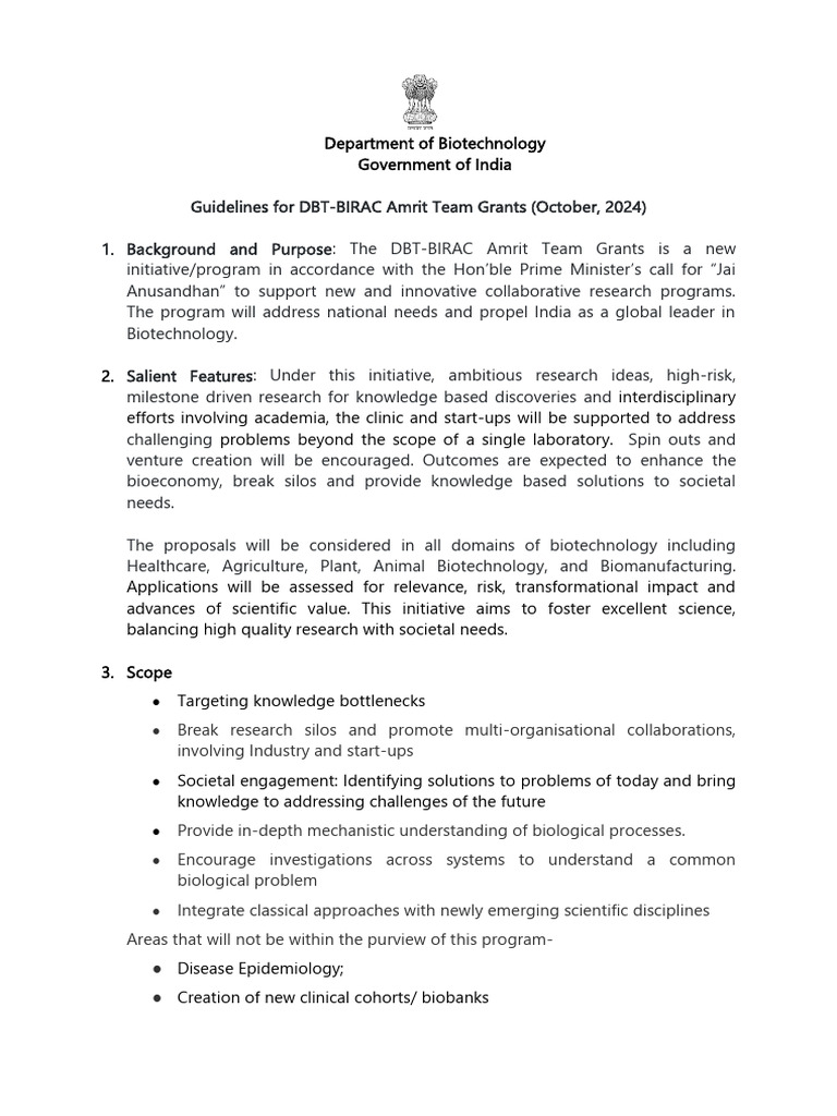 DBT-BIRAC Amrit Team Grant Program Guidelines | PDF | Biotechnology | Non Governmental Organization