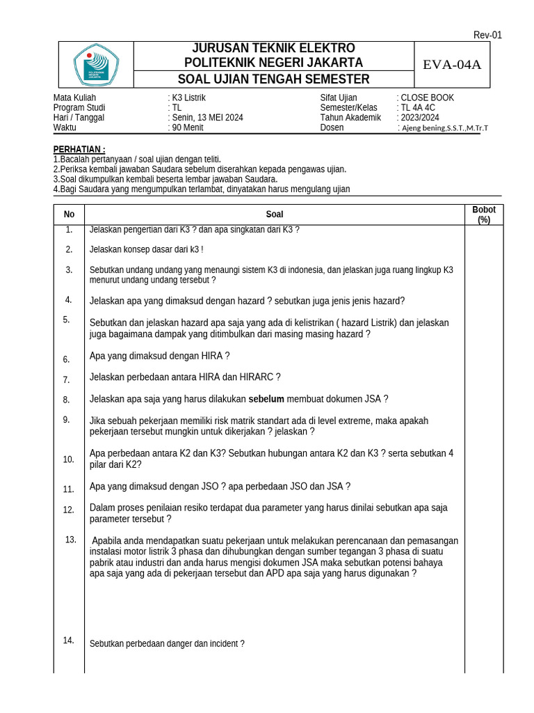 Soal Uts K3 TL 2024 | PDF