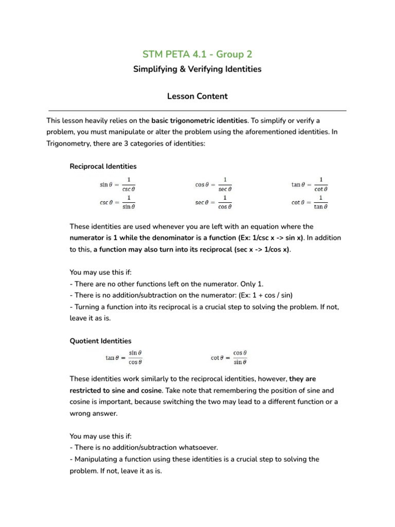 (STM) Verifying Trigo Identities | PDF | Trigonometric Functions ...