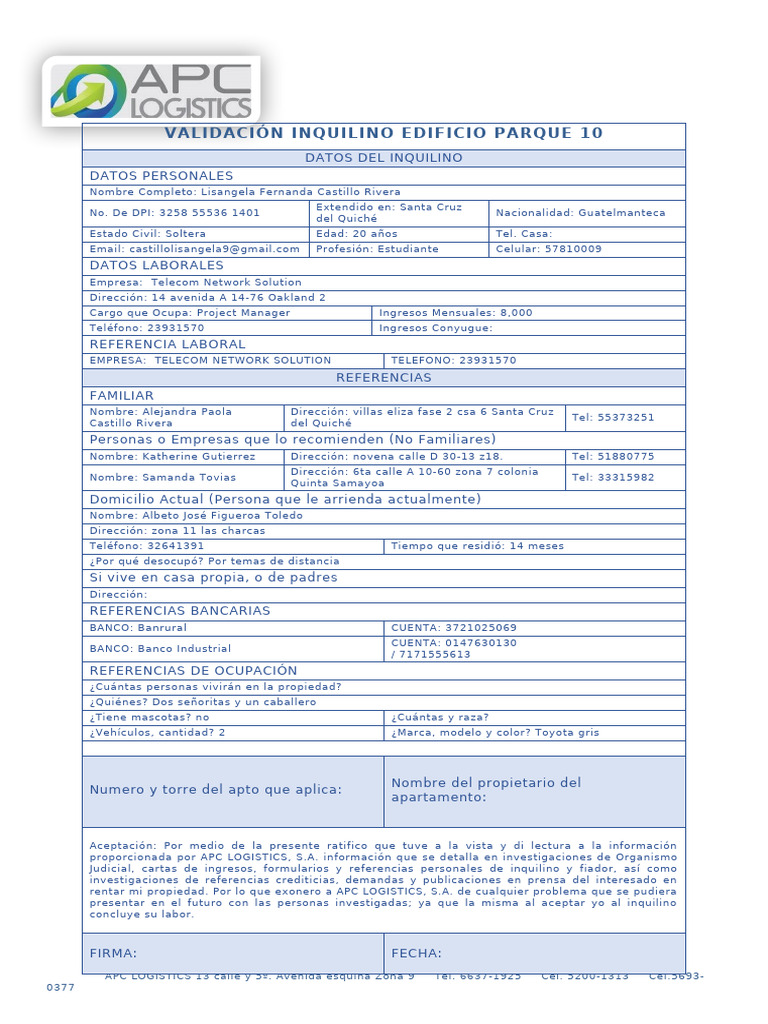 Formulario Validacion Inquilino Parque 10 | PDF