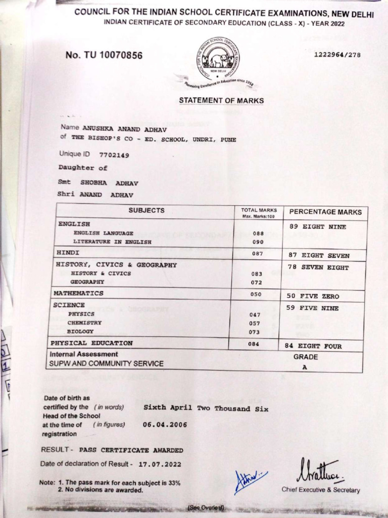 Anushka Marksheet - Compressed | PDF | Educational Stages