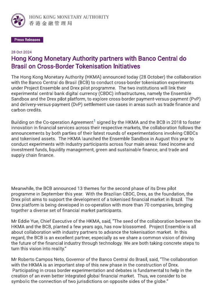 HKMA - Cross-Border Tokenisation Initiatives | PDF