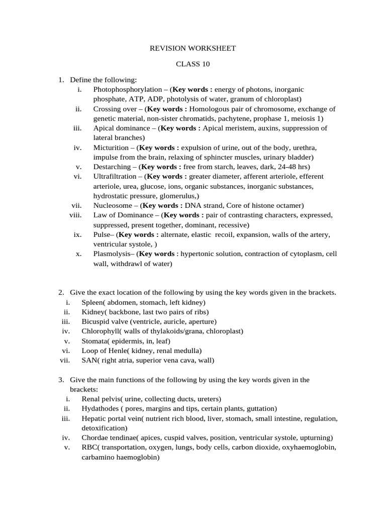 Class 10 Biology Revision Worksheet | PDF | Kidney | Liver