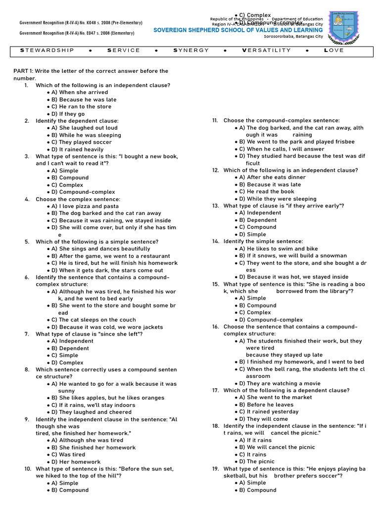 Sentence Structure Quiz and Answers | PDF | Syntax | Grammar