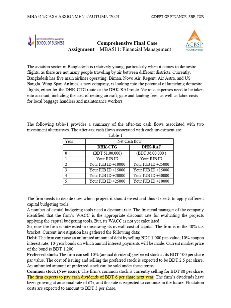 Comprehensive Case Assignment Autumn'2023 MBA511 | PDF | Stocks ...