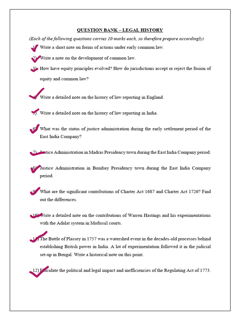 Question Bank - Legal History | PDF | Common Law | Equity (Law)