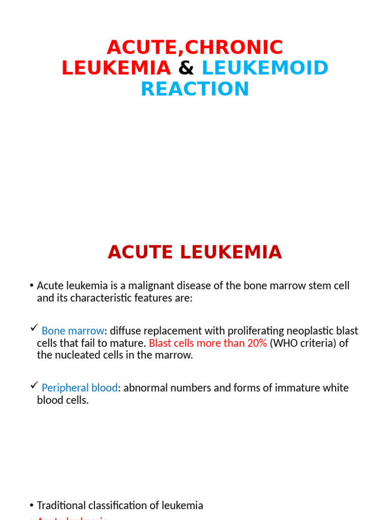 Acute, Chronic Leukemia & Leukemoid Reaction | PDF | Leukemia | White Blood Cell