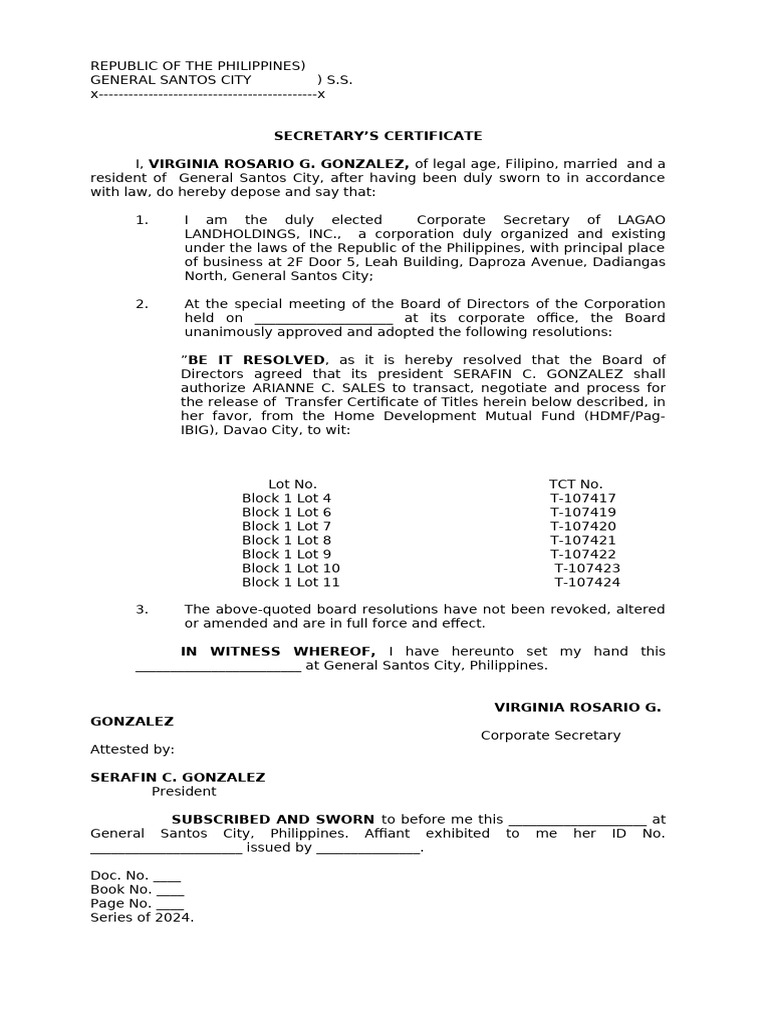 Lagao Landholdings Sec Cert | PDF | Law