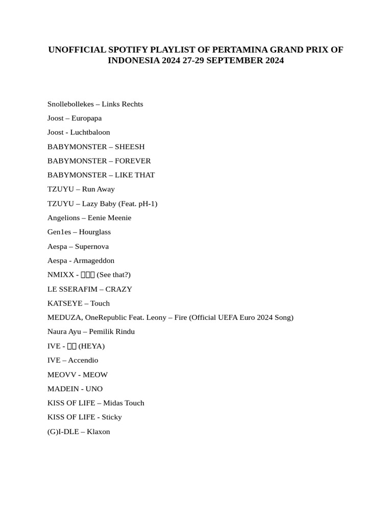 Unofficial Spotify Playlist of Pertamina Grand Prix of Indonesia 2024 ...
